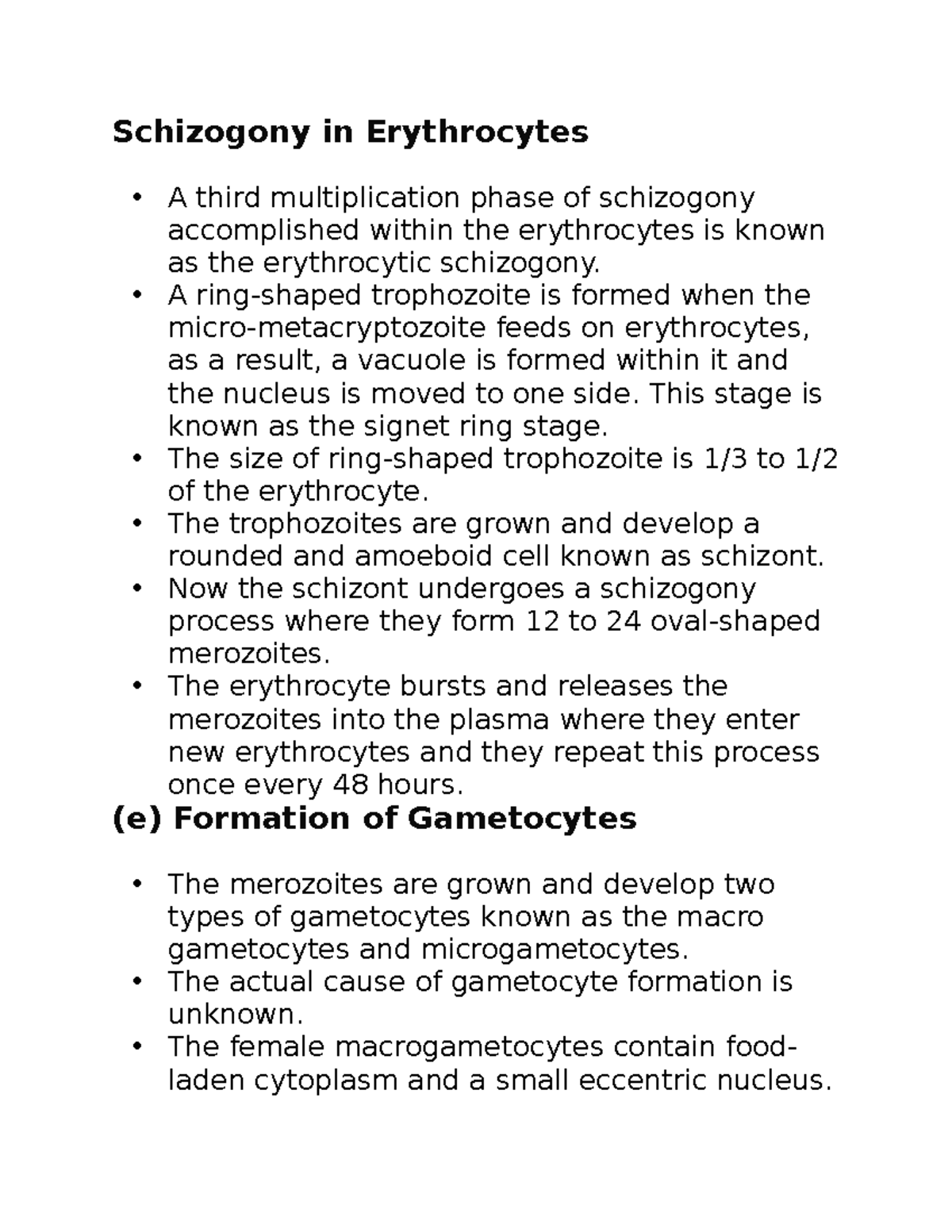 Bio 6 - notes - Schizogony in Erythrocytes A third multiplication phase ...