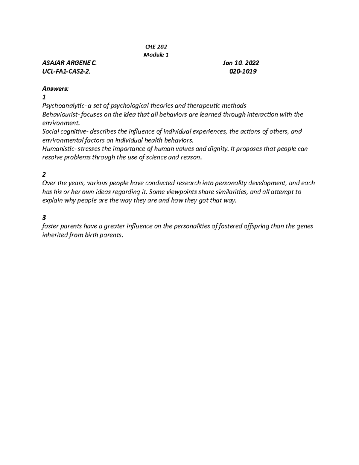 CHE 202-Module 1 - Lalala - CHE 202 Module 1 ASAJAR ARGENE C. Jan 10 ...