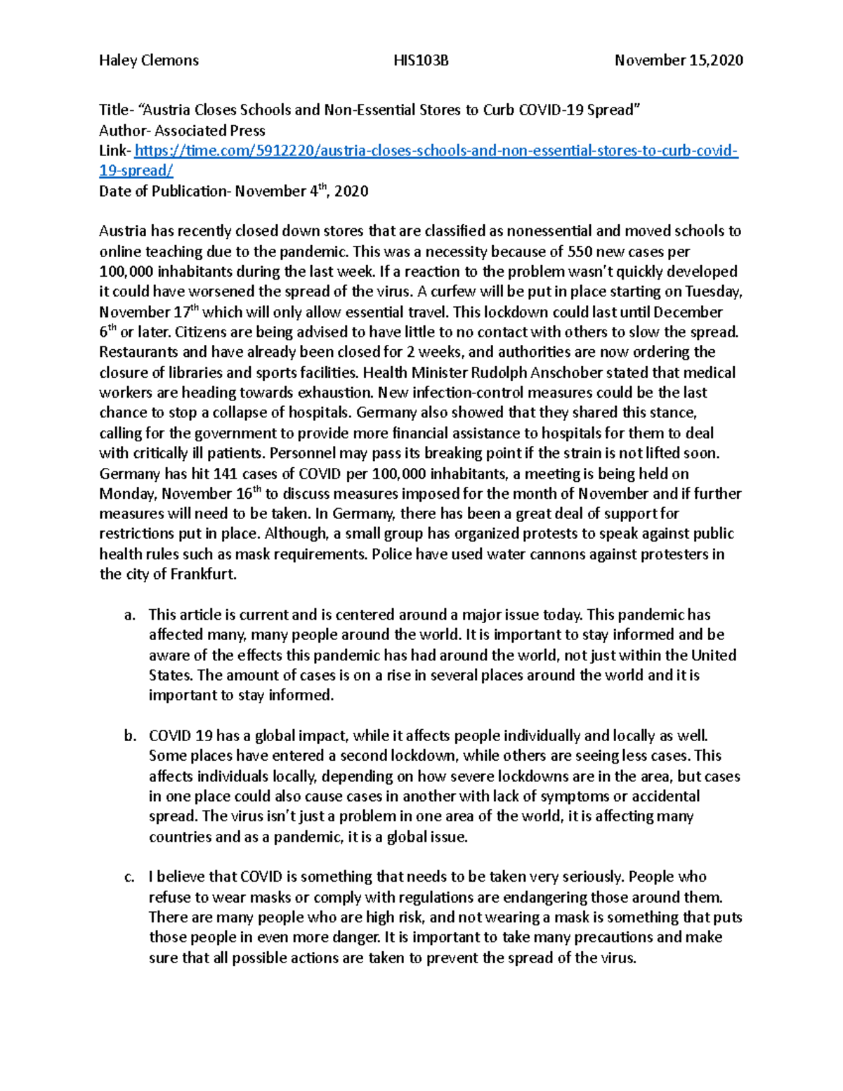 Current Events Summary - Haley Clemons HIS103B November 15, Title ...