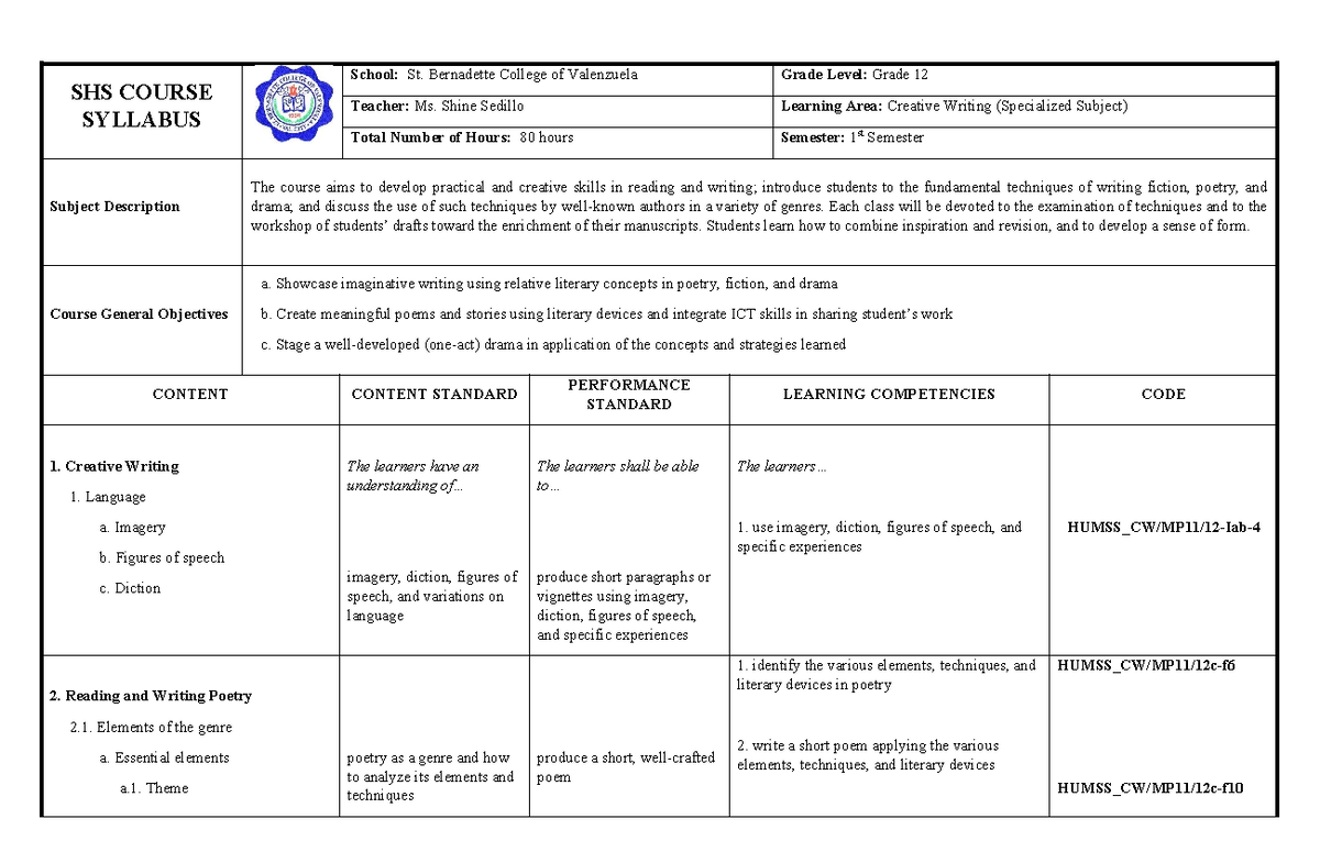 Creative Writing Course Syllabus - SHS COURSE SYLLABUS School: St ...