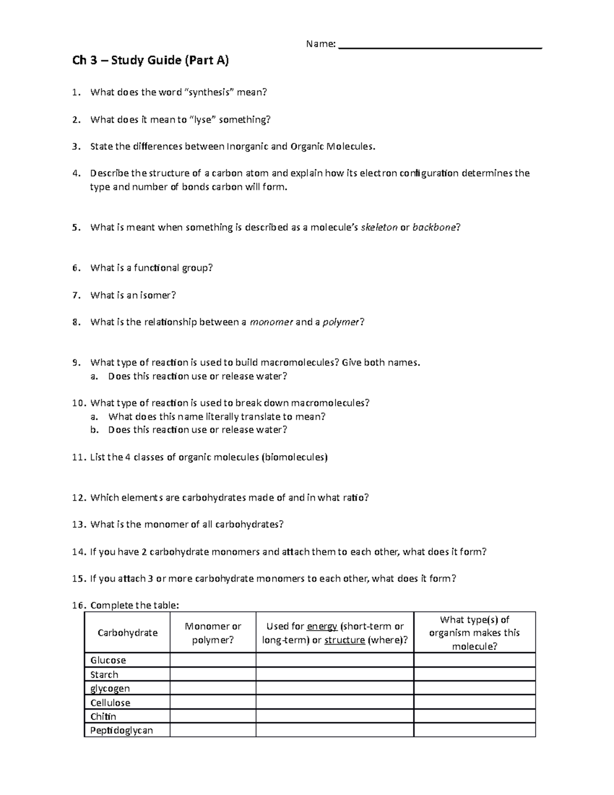 Ch 3 - Study Guide, part A - Name: _____________________________________ Ch 3 – Study Guide ...