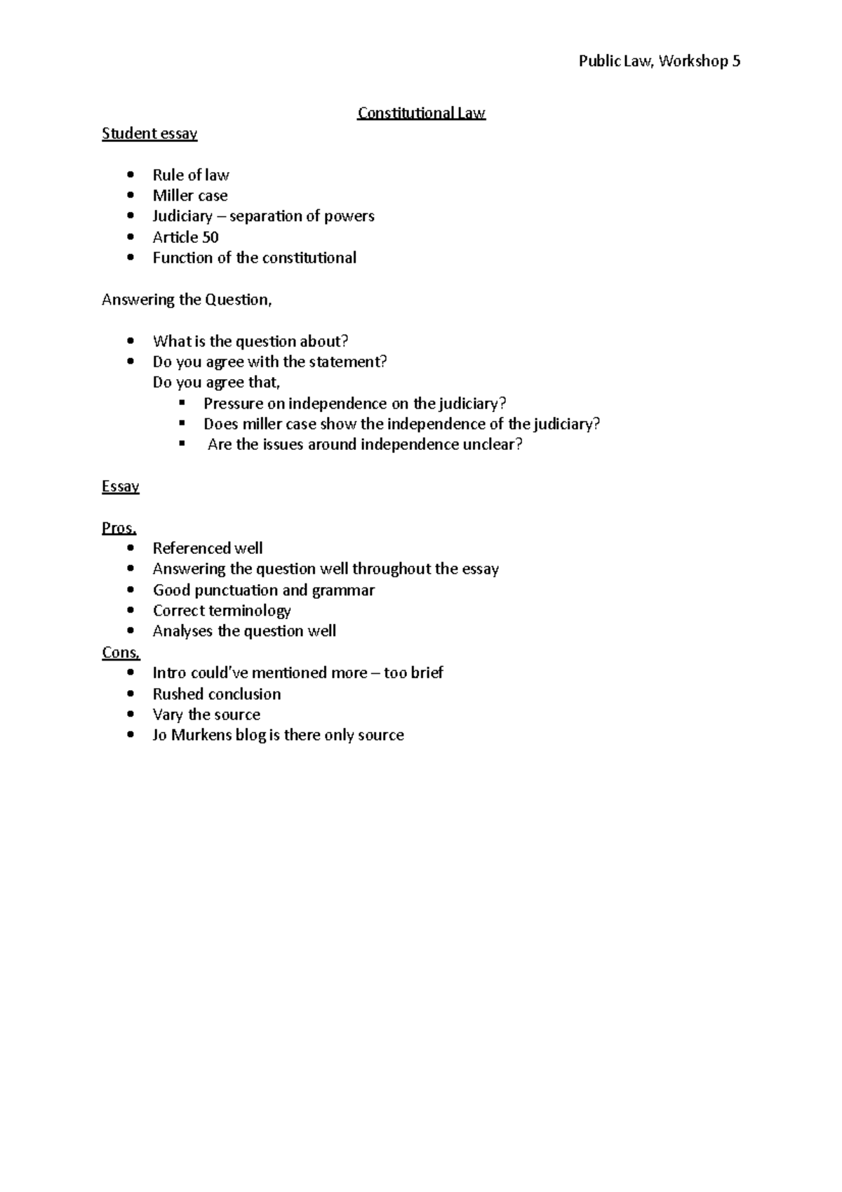 Constitutional Law - Lecture notes 1 - Public Law, Workshop 5 ...