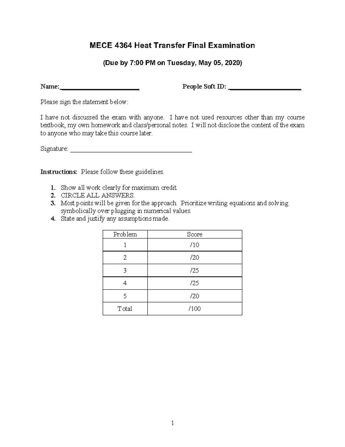 MECE 4364 Final Exam May 04 2020 - MECE 4364 Heat Transfer Final ...