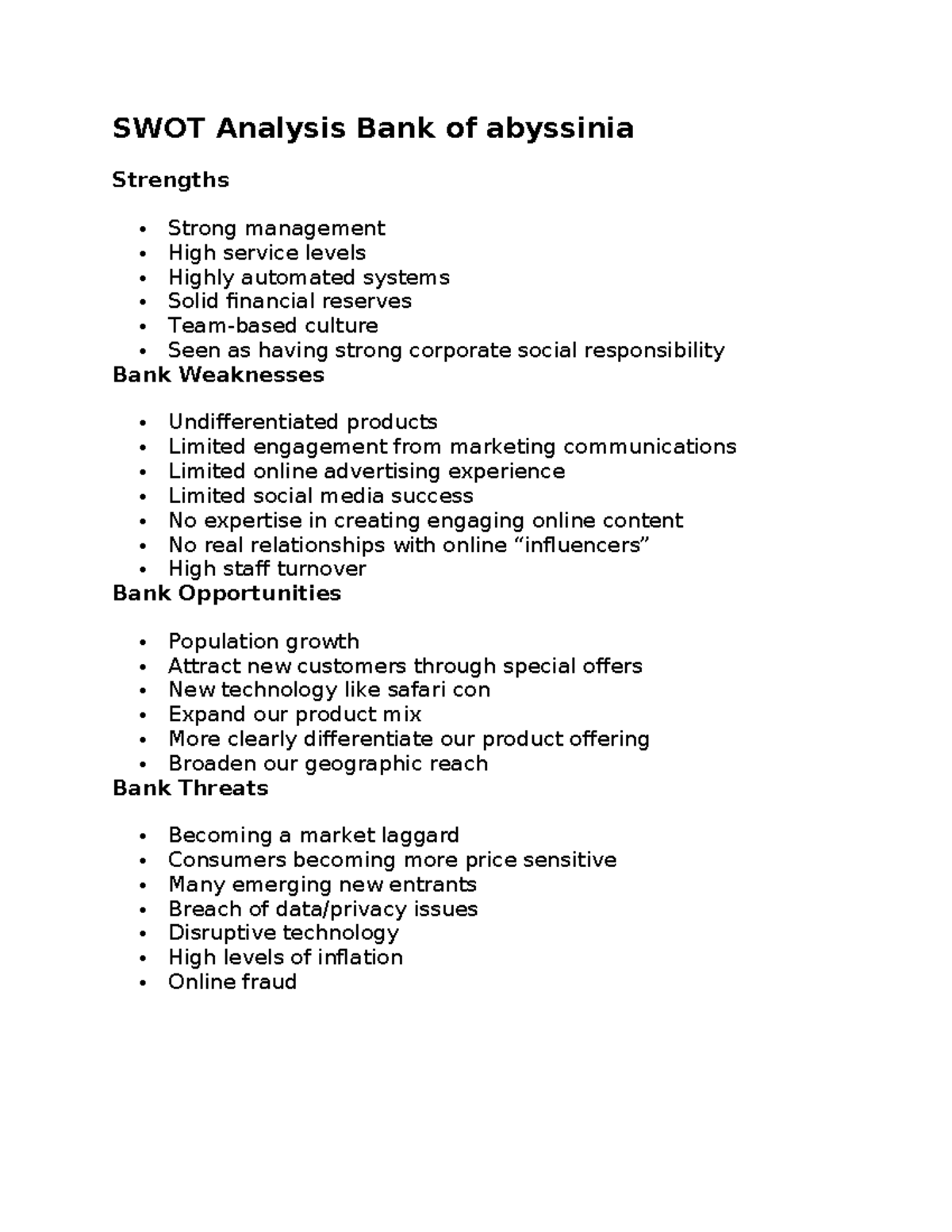 SWOT Analysis Bank - Studocu