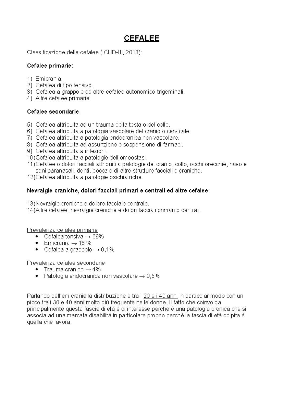 Cefalee - riassunto lezioni - CEFALEE Classificazione delle cefalee ...