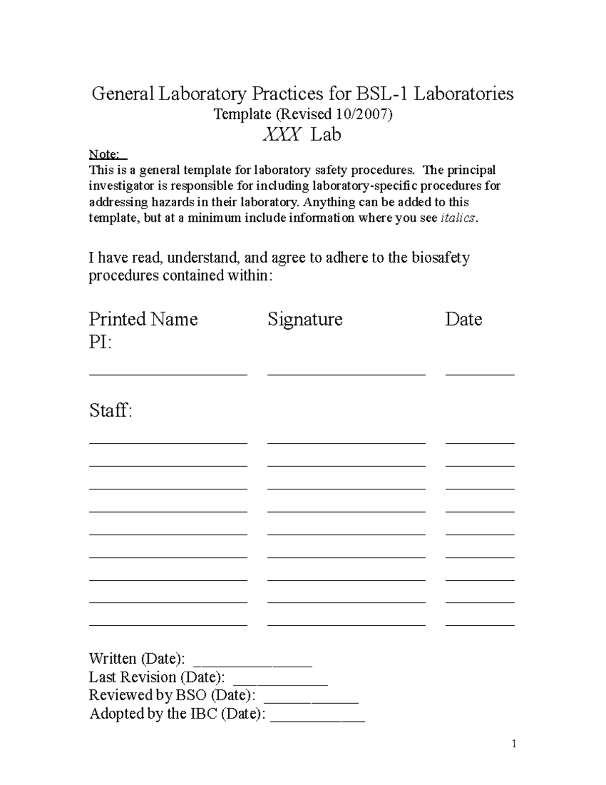 Biosafety Labs BSL1 Manual Template - General Laboratory Practices for ...