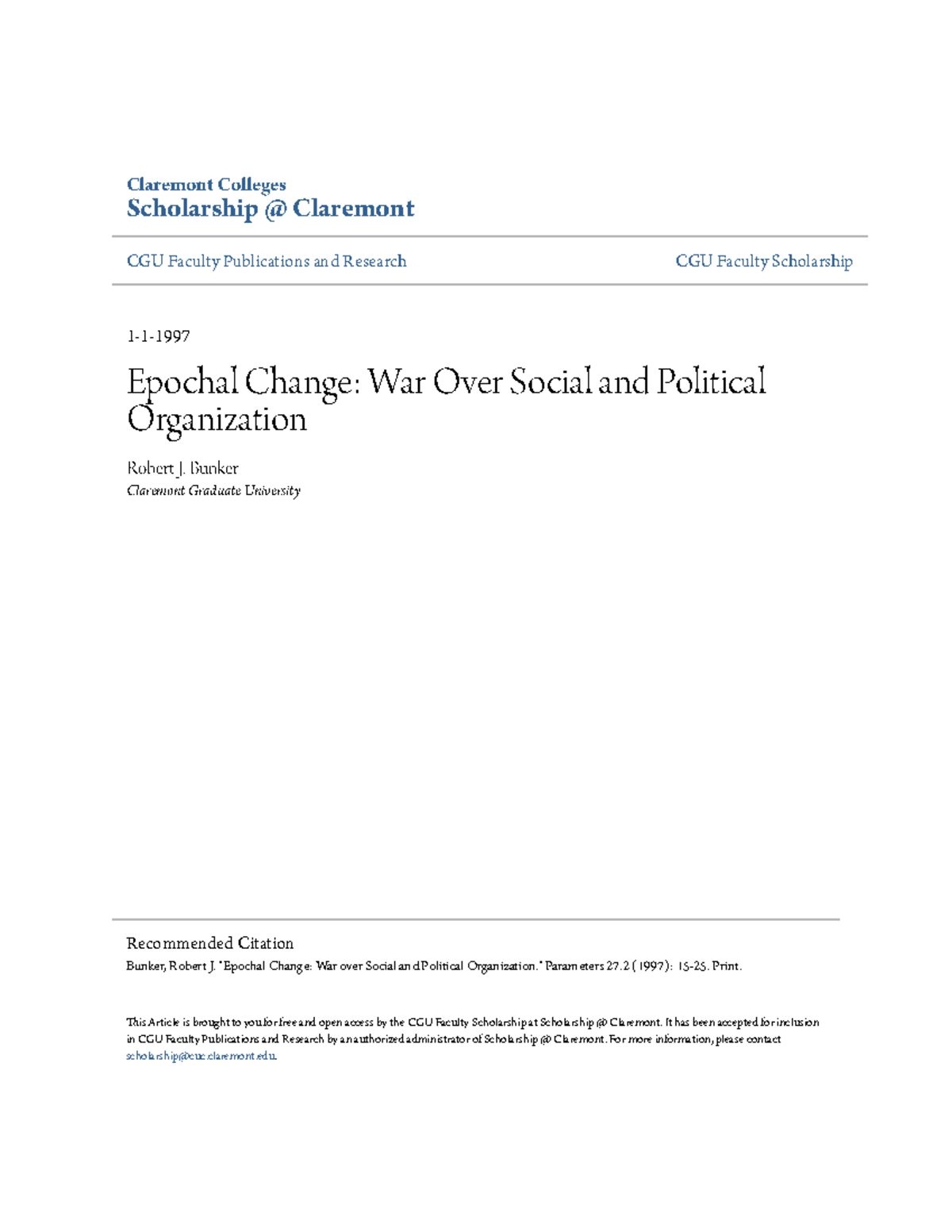 Epochal Change War Over Social and Political Organization - Claremont ...