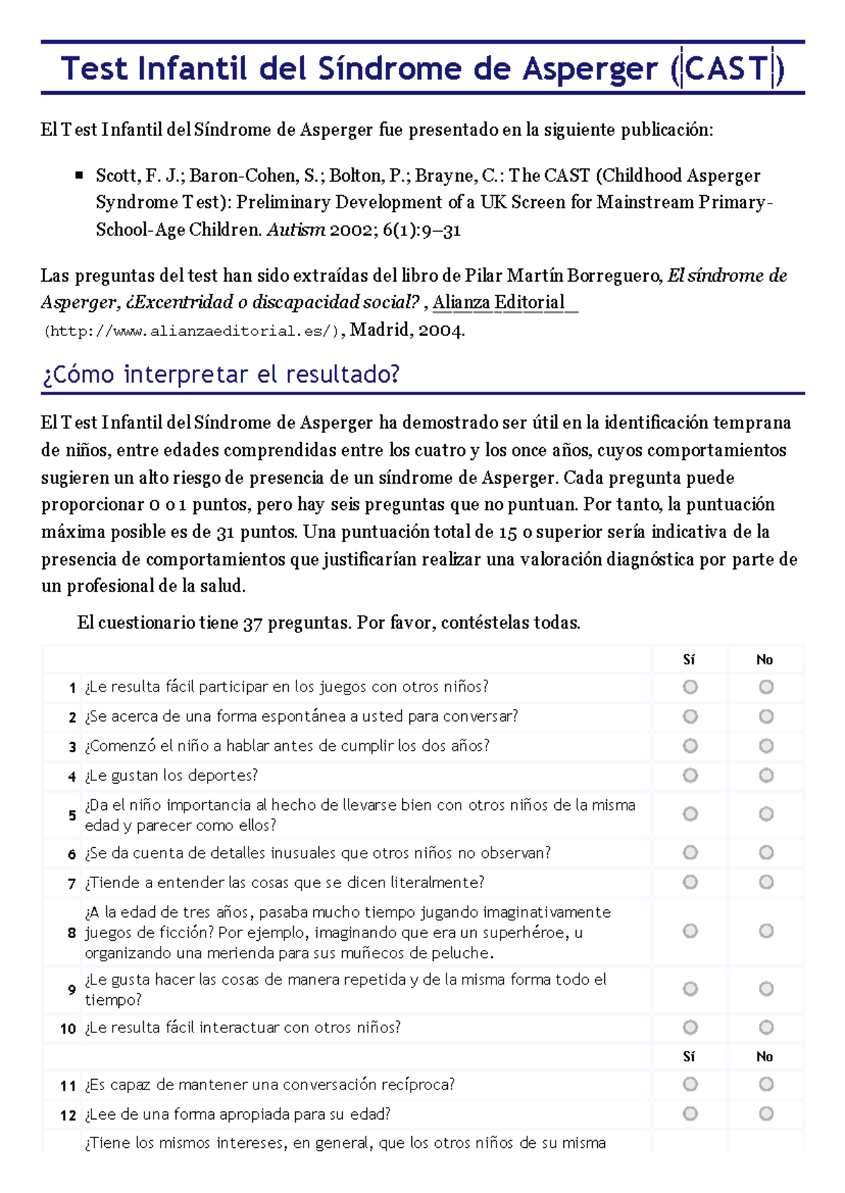 CHAT autismo - Test Infantil del Síndrome de Asperger ( CAST ) El Test ...