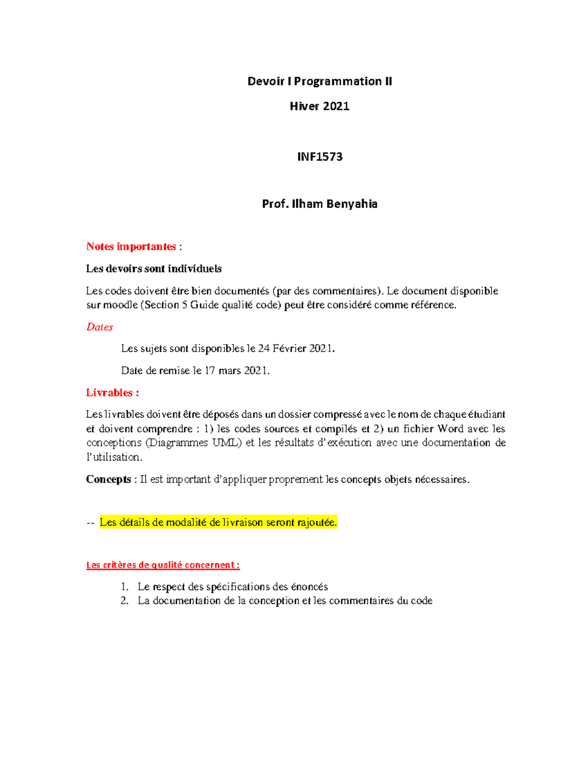 Devoir 1-Hiver-2021 - Devoir I Programmation II Hiver 2021 INF Prof ...