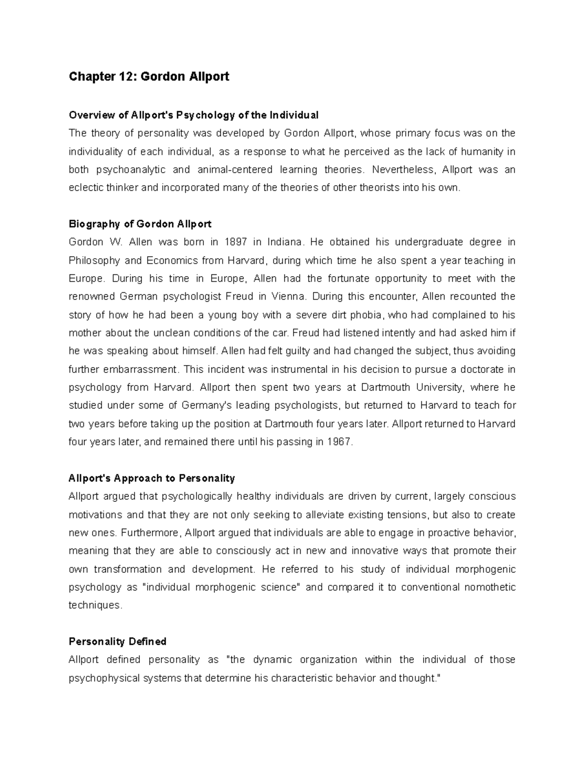 Chapter 12 Gordon Allport - Chapter 12: Gordon Allport Overview of ...
