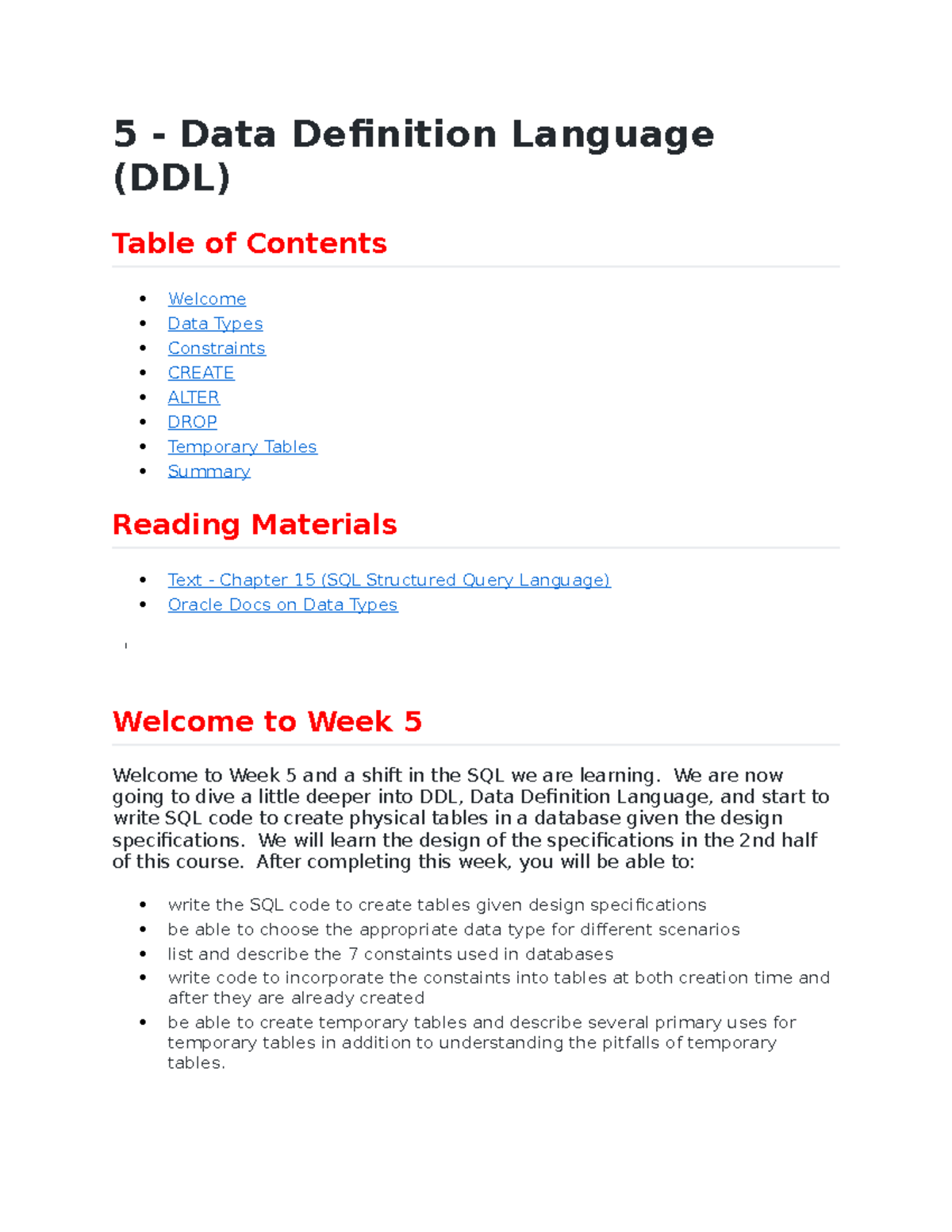 DBS 211 Week 5 Notes - 5 - Data Definition Language (DDL) Table of ...