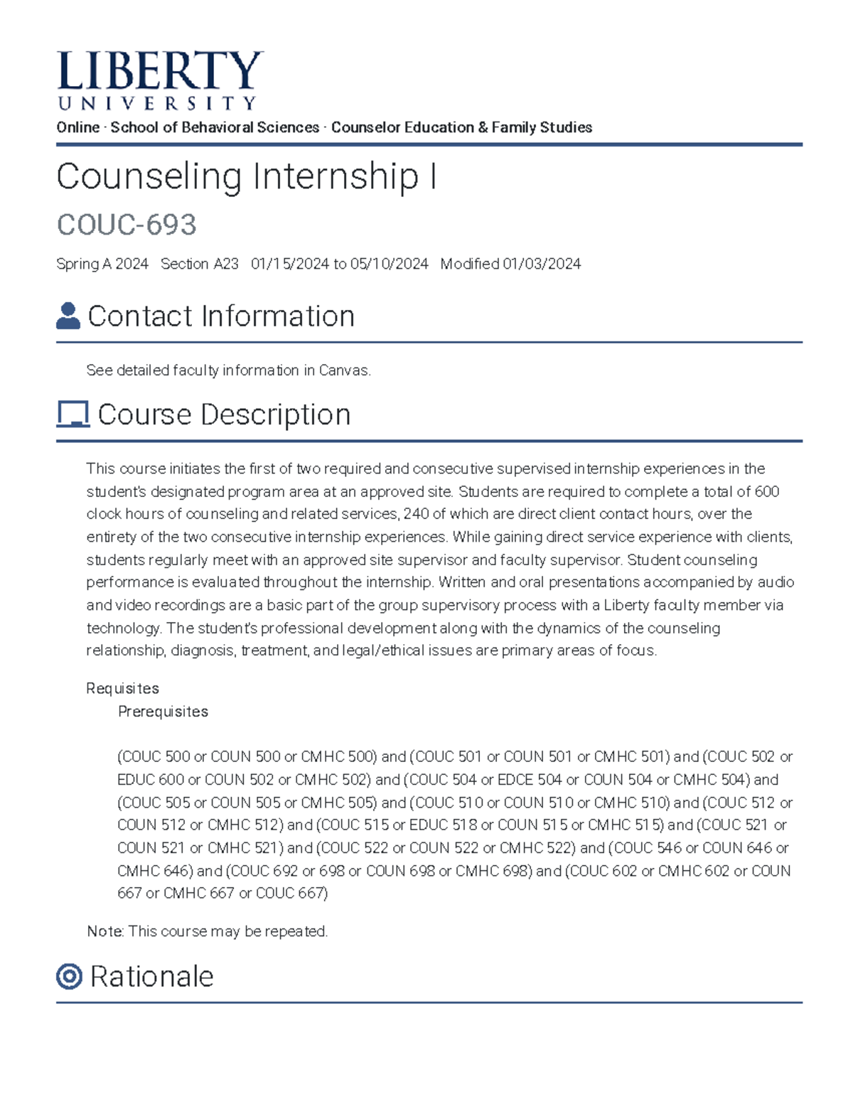 Counseling Internship I COUC 693 Spring A 2024 - Contact Information ...