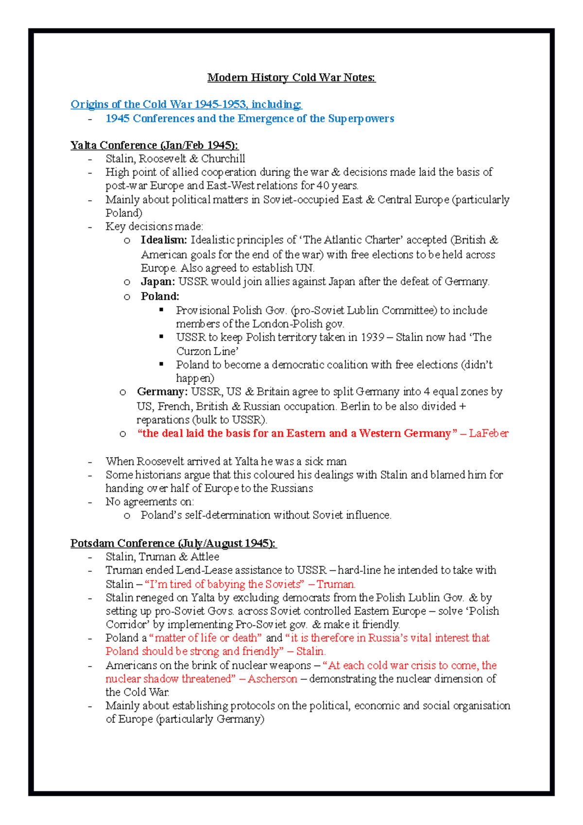 Modern History Cold War Notes - Modern History Cold War Notes: Origins ...