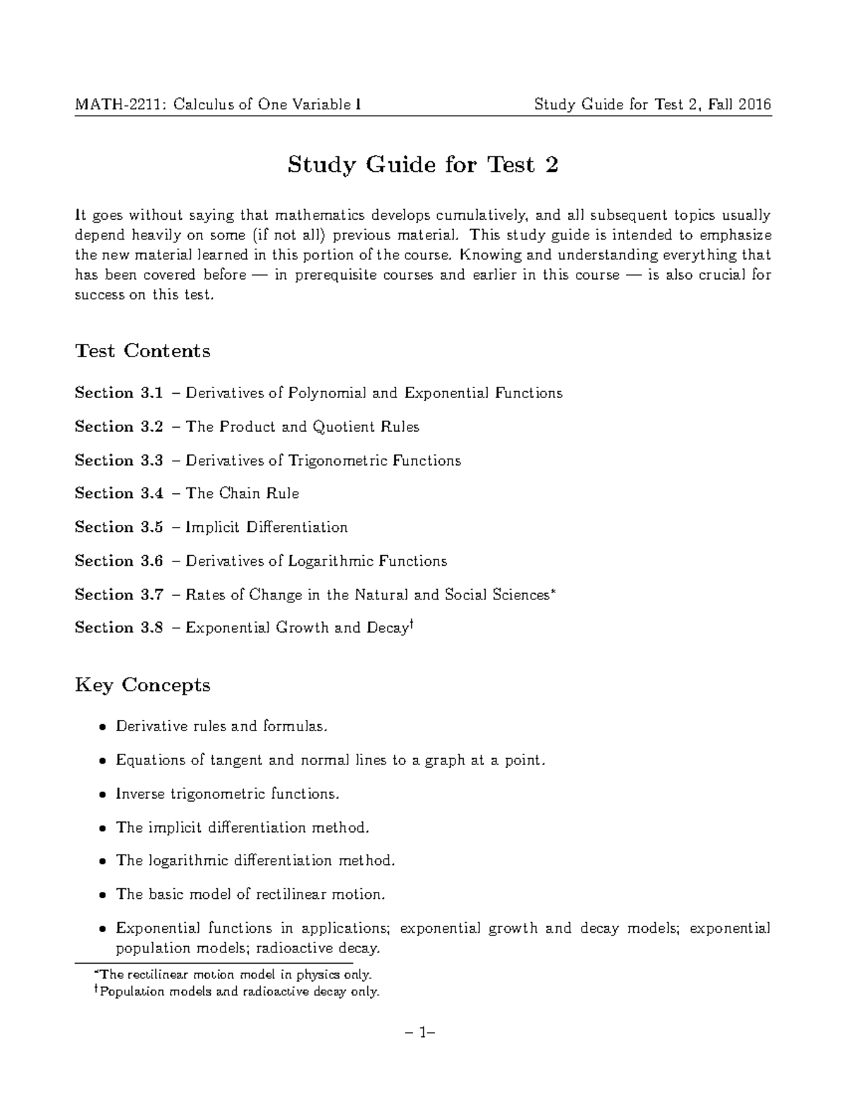 Study Guide - Test 2 (MATH-2211, Fall-2016 ) - Study Guide for Test 2 ...
