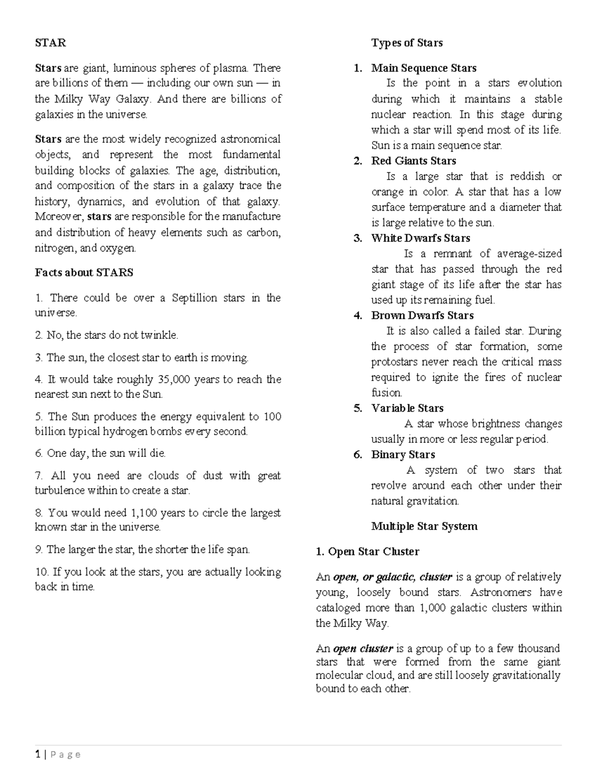 STAR1 - stars - STAR Stars are giant, luminous spheres of plasma. There ...