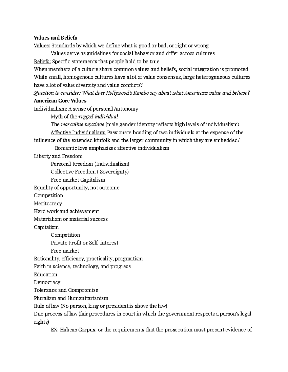 3-4 - Intro to SOCY Chap. 3-4 - Values and Beliefs Values: Standards by ...