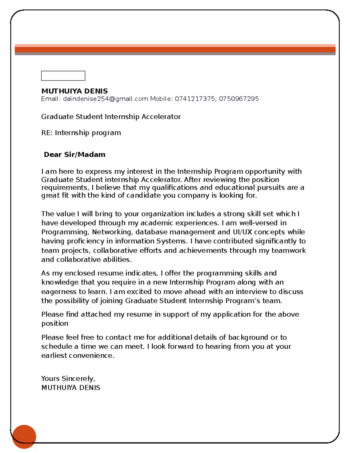Cover Letter Graduate Student Internship Accelerator - MUTHUIYA DENIS ...