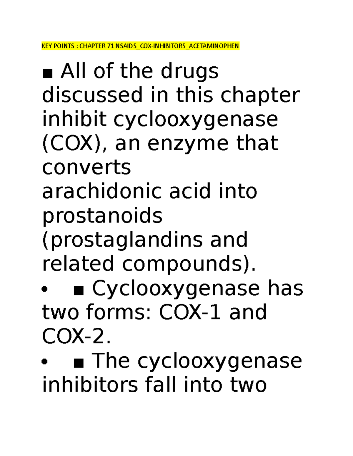 NURS2550 Key points Chpt 71 - KEY POINTS : CHAPTER 71 NSAIDS_COX ...