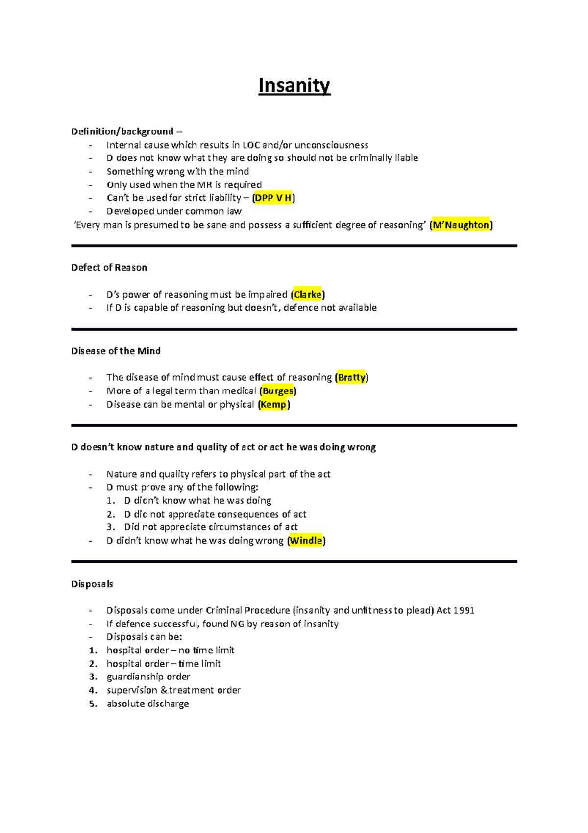 Insanity - Lecture notes 1 - Insanity Definition/background ...