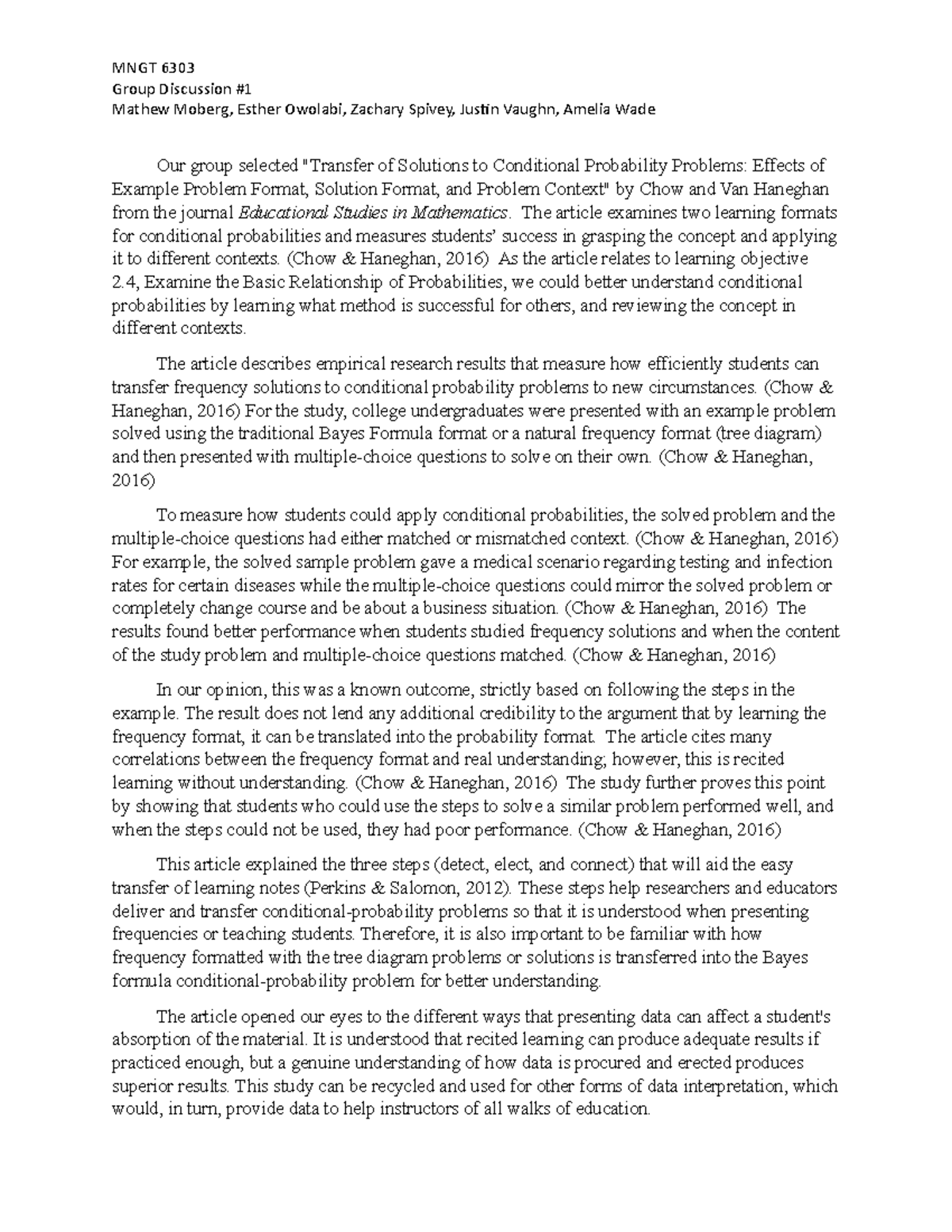 "Transfer of Solutions to Conditional Probability Problems - The article examines two learning ...