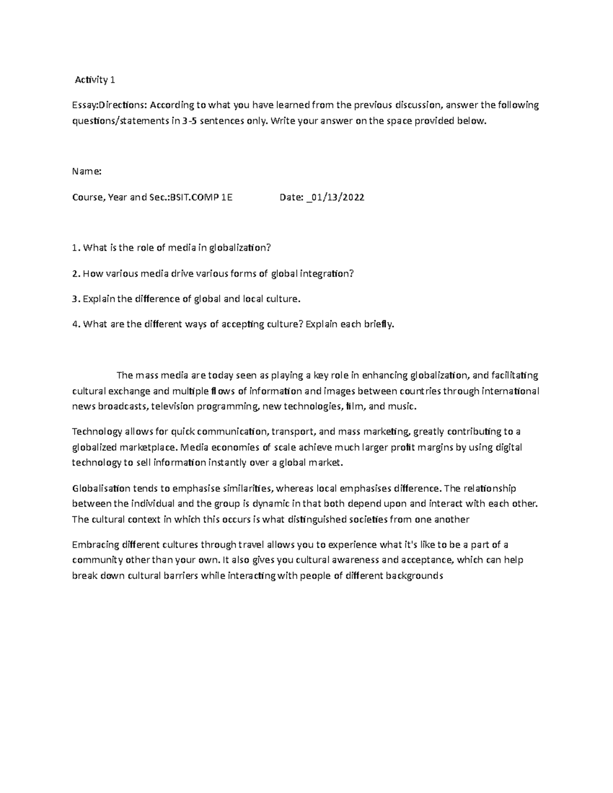 Chapter 7 GEC 3 - Activity 1 Essay:Directions: According to what you ...