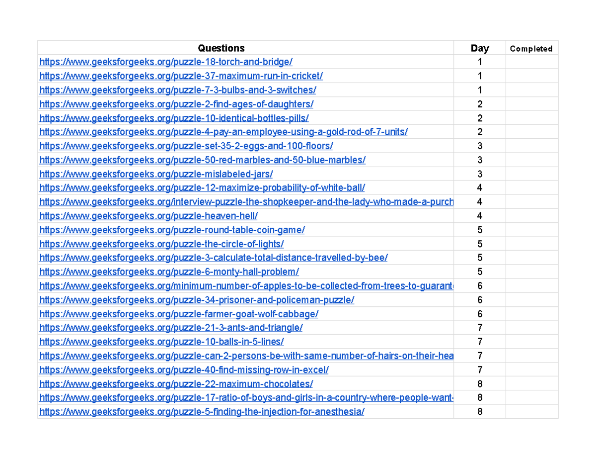 Puzzle For Placement - Google Sheets - Questions Day Completed - Studocu