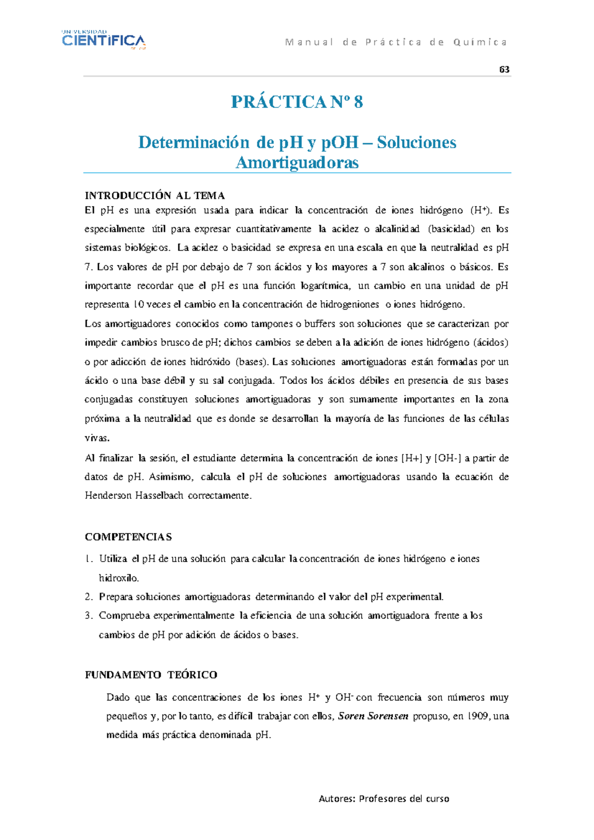 Informe de laboratorio Ph - 63 PRÁCTICA Nº 8 Determinación de pH y pOH – Soluciones ...