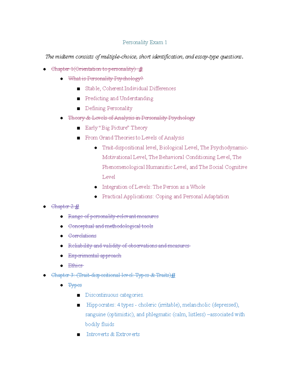 Copy of Personality Exam 1 - Personality Exam 1 The midterm consists of ...