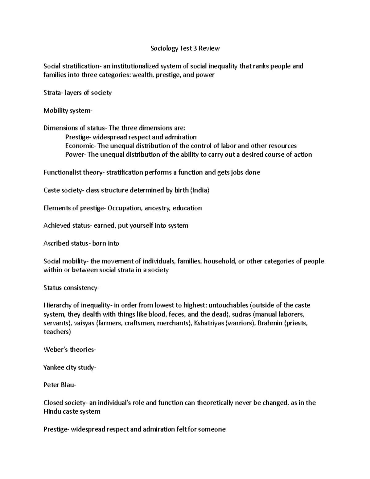 Sociology Test 3 Review - Sociology Test 3 Review Social stratification ...