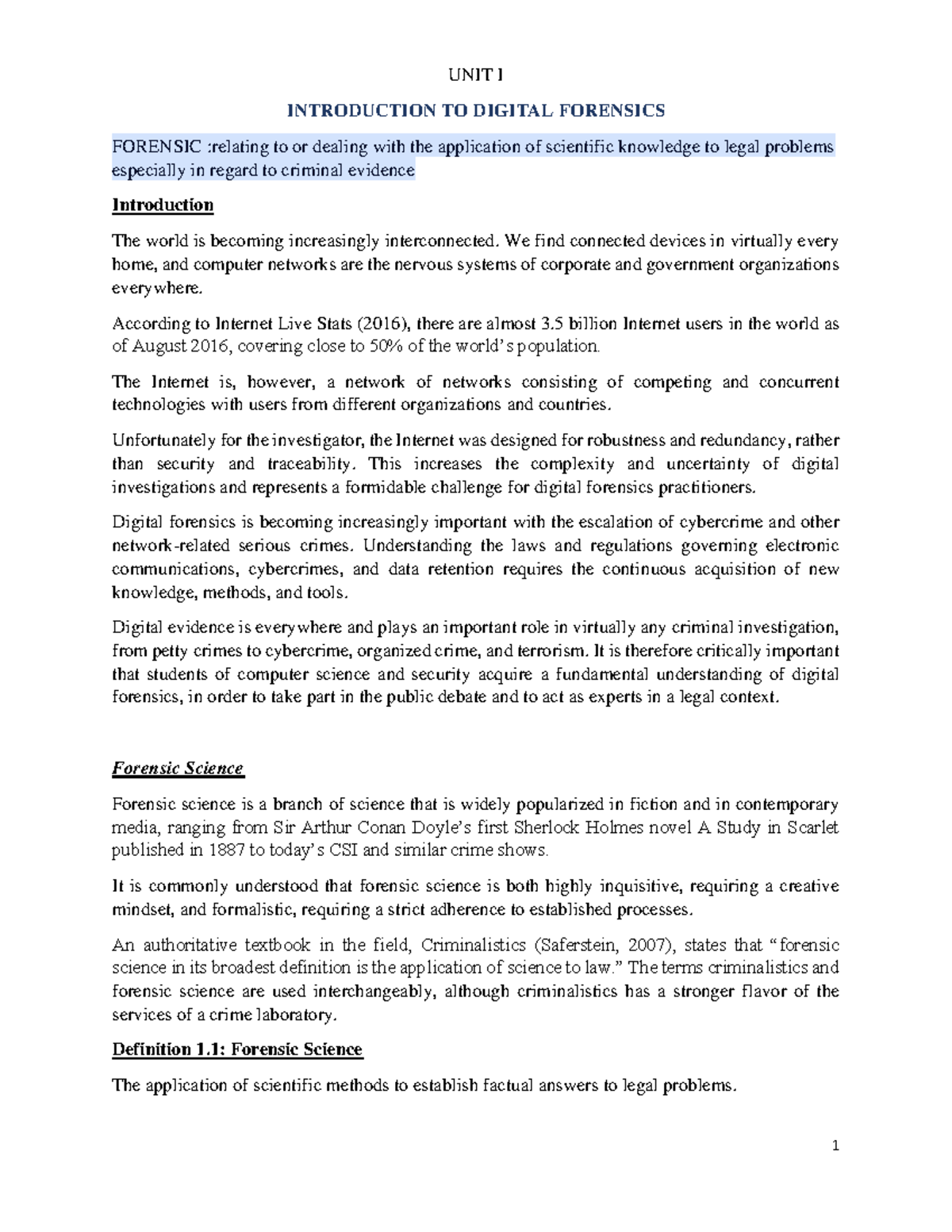 UNIT I - UNIT I INTRODUCTION TO DIGITAL FORENSICS FORENSIC :relating to ...