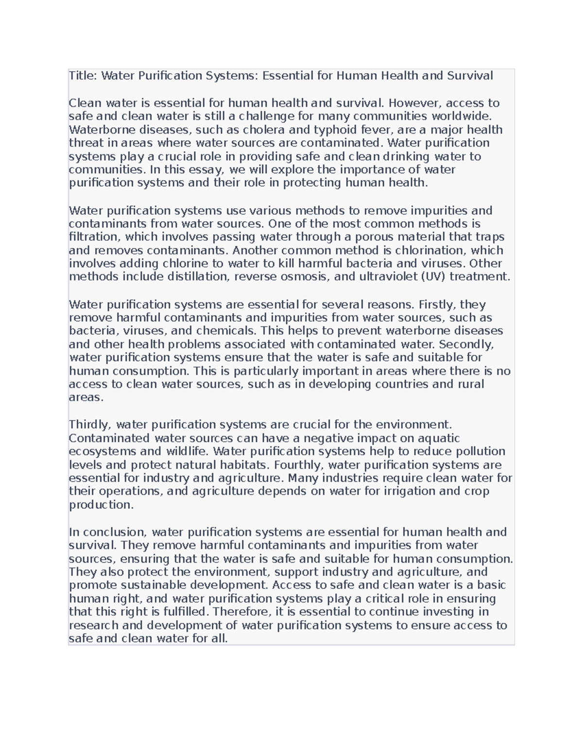 Water Purification Systems - Essential for Human Health and Survival ...