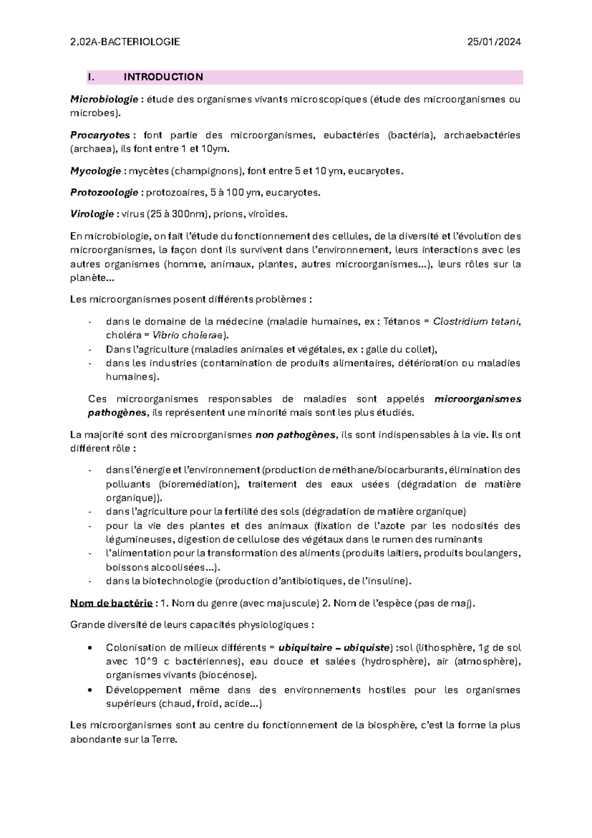 bactériologie - CM1 S2 - I. INTRODUCTION Microbiologie : étude des organismes vivants ...