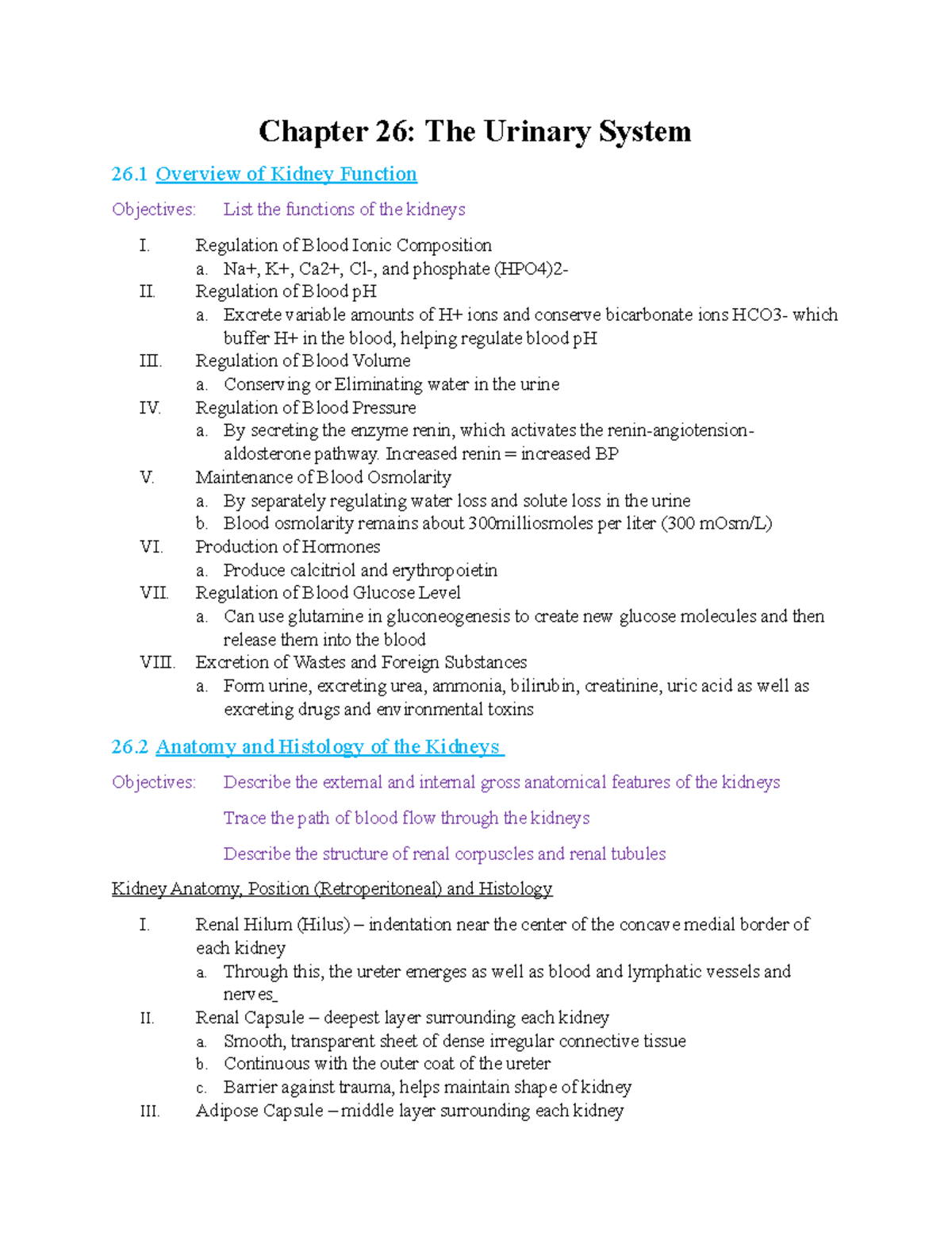 Bio 235 Chapter 26 Notes Chapter 26 The Urinary System 26