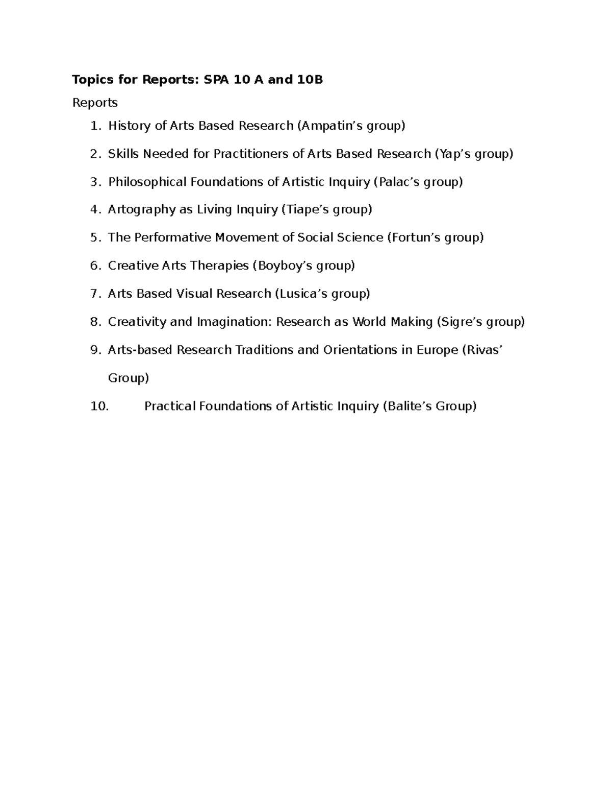 Topics for Reports - GUIDE - Topics for Reports: SPA 10 A and 10B ...