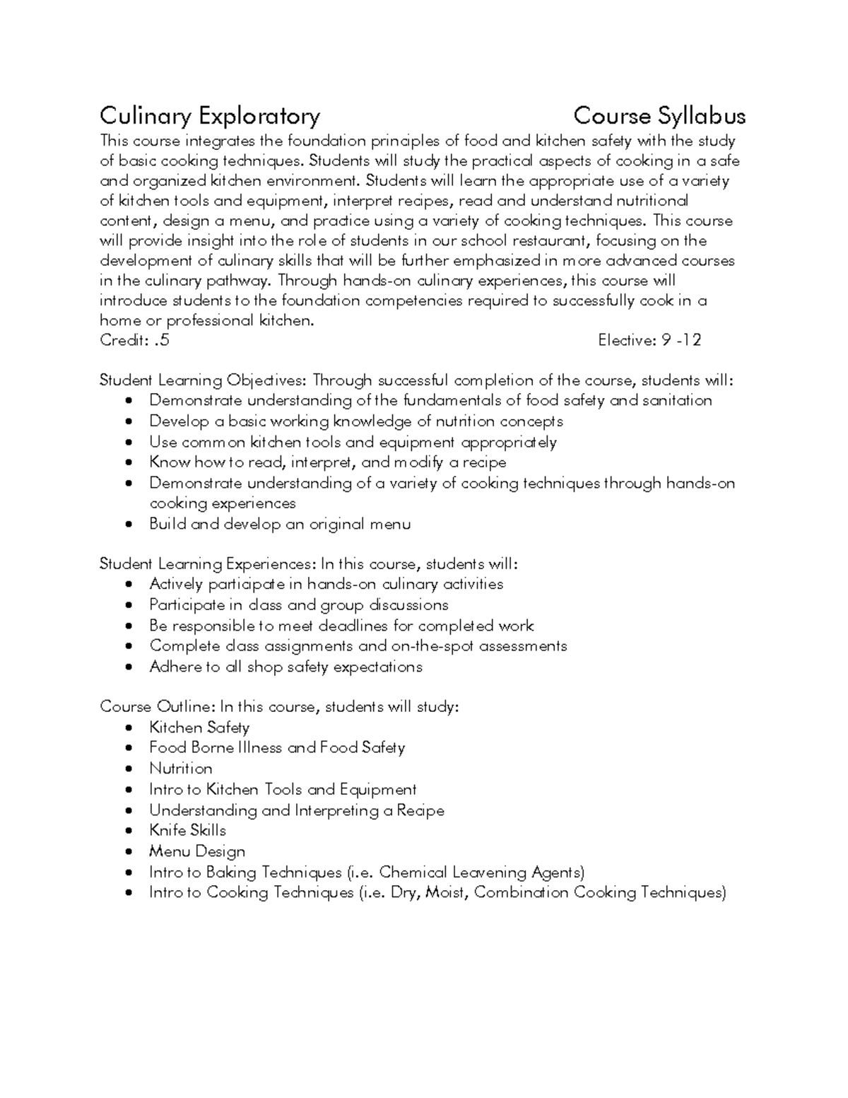 Culinary Exploratory Syllabus - Culinary Exploratory Course Syllabus ...
