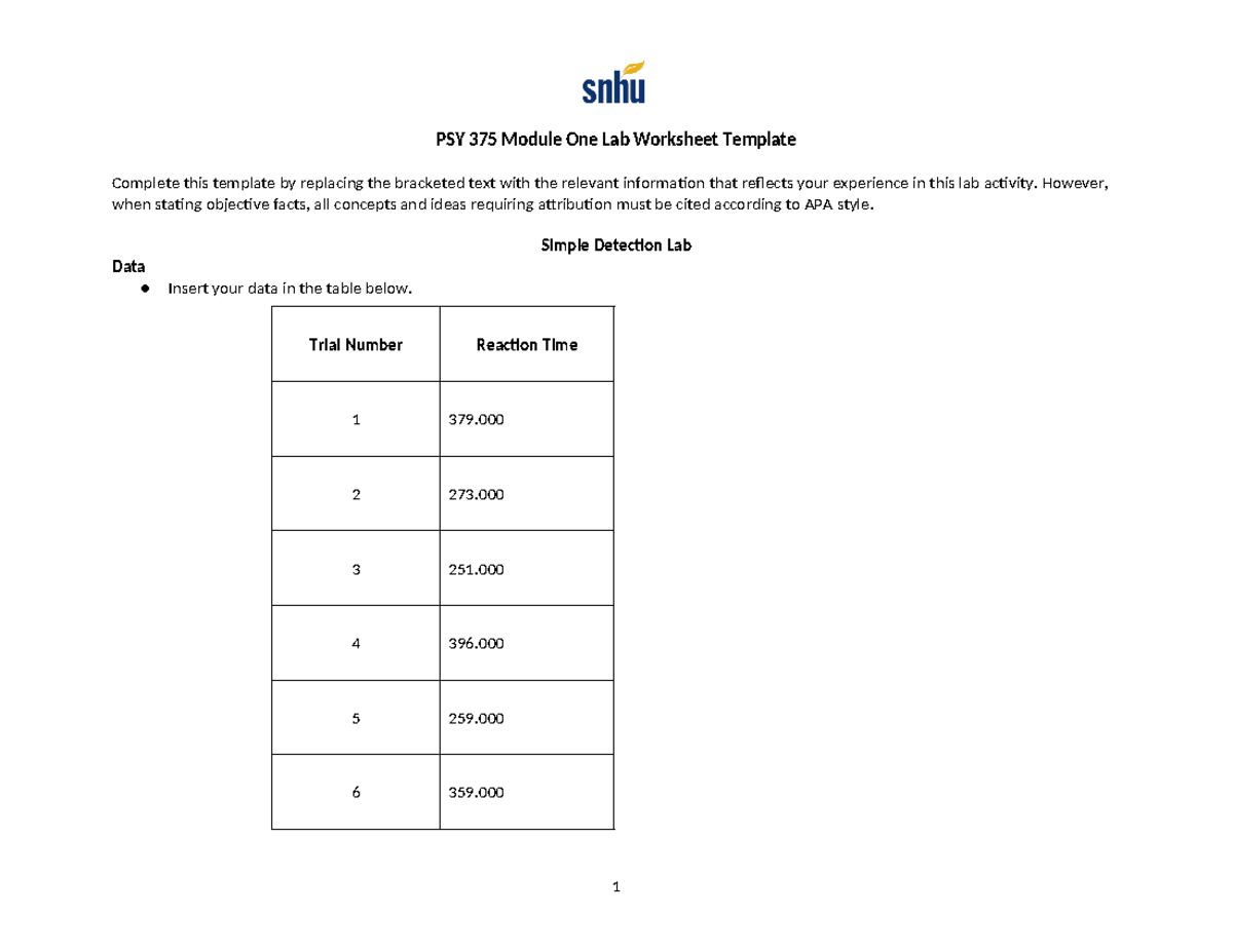 Module one lab worksheet - PSY 375 Module One Lab Worksheet Template ...