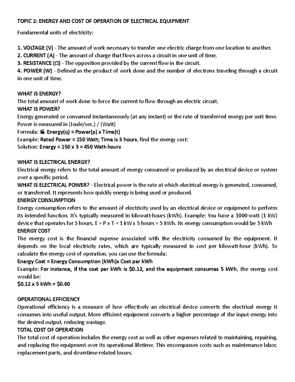 Engineering- Utilities-1 - TOPIC 2: ENERGY AND COST OF OPERATION OF ...