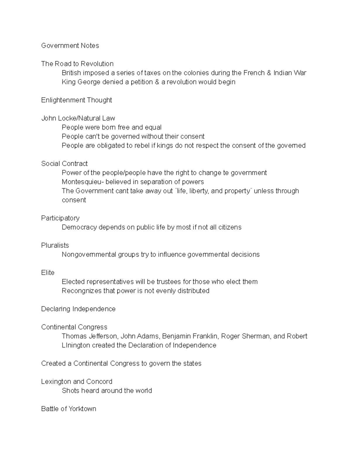 Government Notes - Government Notes The Road to Revolution British ...