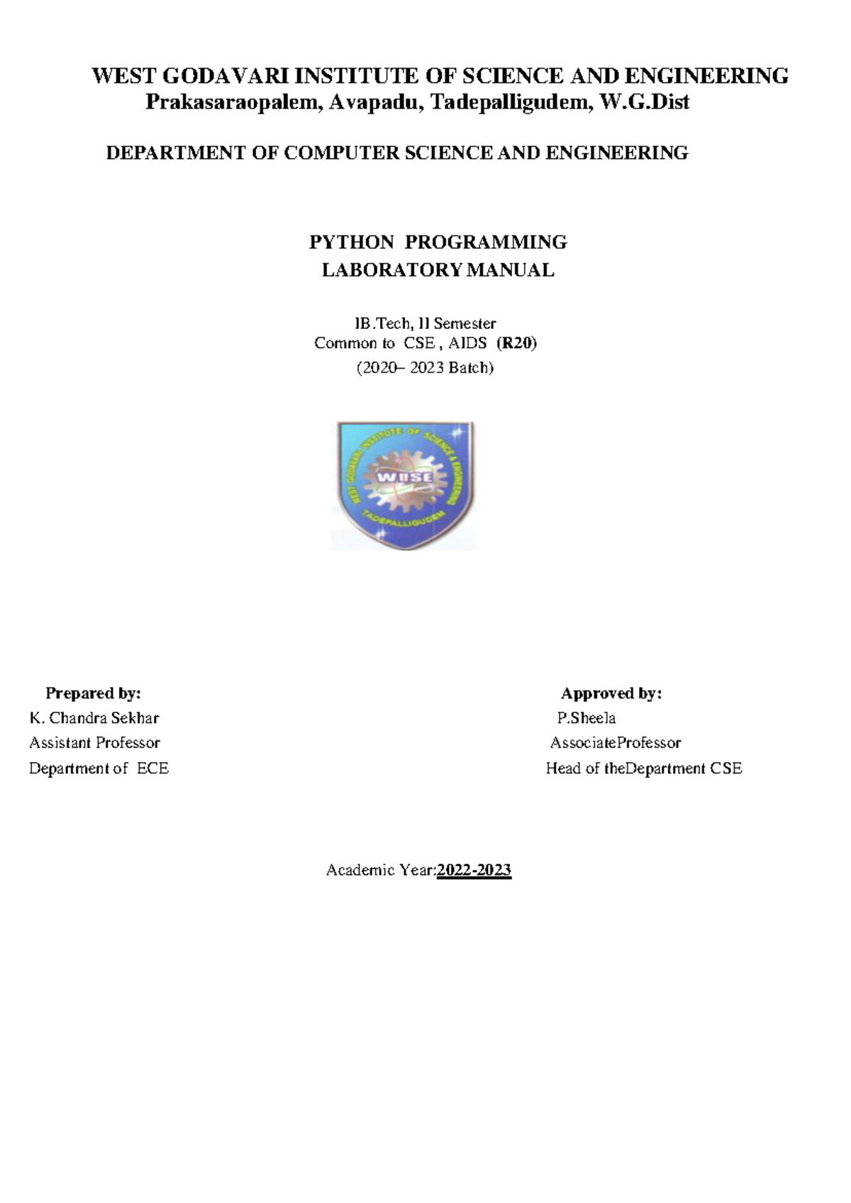 Python lab manual r20 - WEST GODAVARI INSTITUTE OF SCIENCE AND ENGINEERING Prakasaraopalem ...