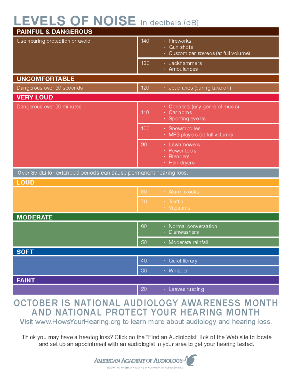 Noise Chart Poster- 8.5x11 - LEVELS OF NOISE In decibels (dB) PAINFUL ...