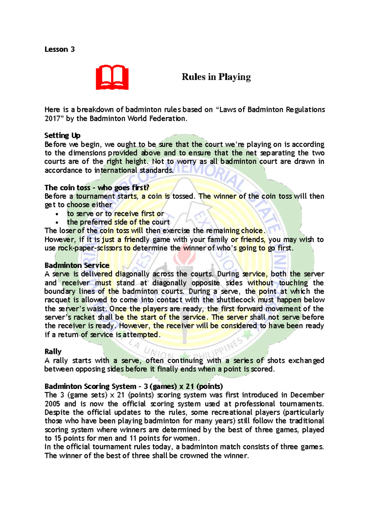 PHED102 - module 2 lesson 3 and 4 - Lesson 3 Here is a breakdown of badminton rules based on ...