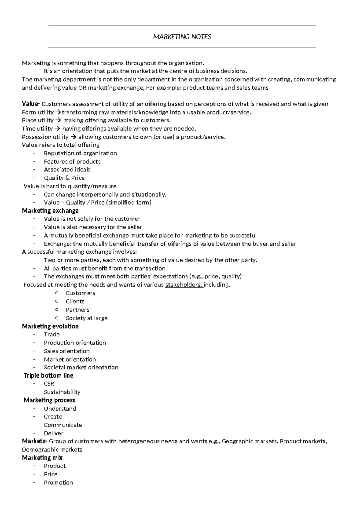Marketing Concepts and Strategies Overview - Notes - MARKETING NOTES ...