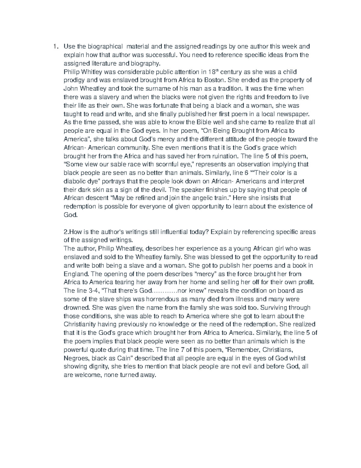 Wheatley Poem - Use the biographical material and the assigned readings ...