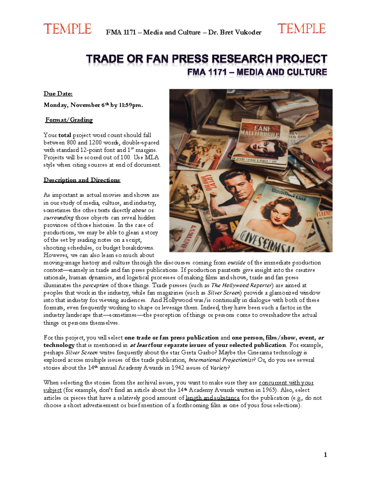Trade or Fan Press Research Project - FMA 1171 – Media and Culture – Dr ...
