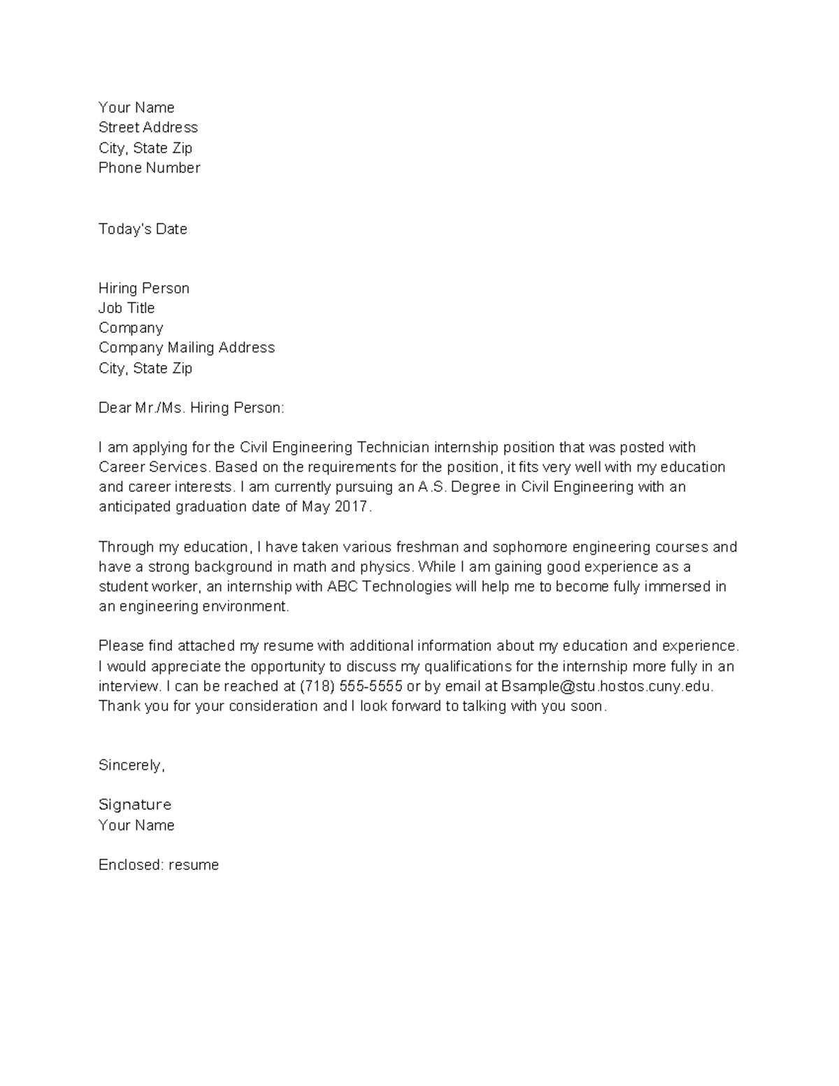 Civil ENGR CV Sample - Your Name Street Address City, State Zip Phone ...