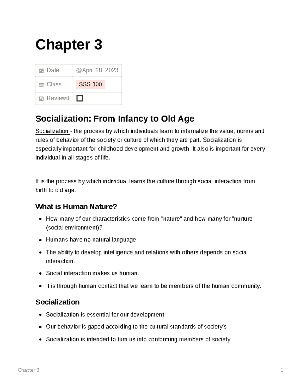 SSS Chapter three - Chapter 3 Date Class SSS 100 Reviewd Socialization ...