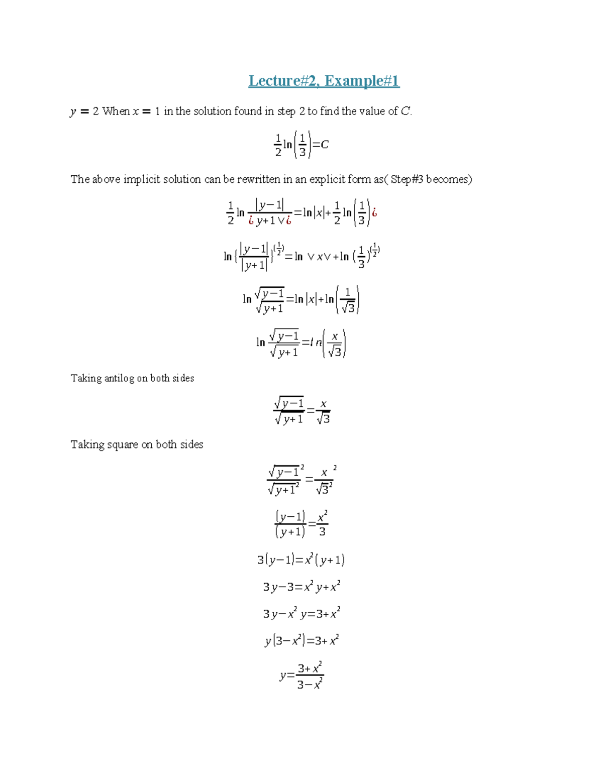 Lecture - good - Lecture#2, Example# y = 2 When x = 1 in the solution found in step 2 to find ...