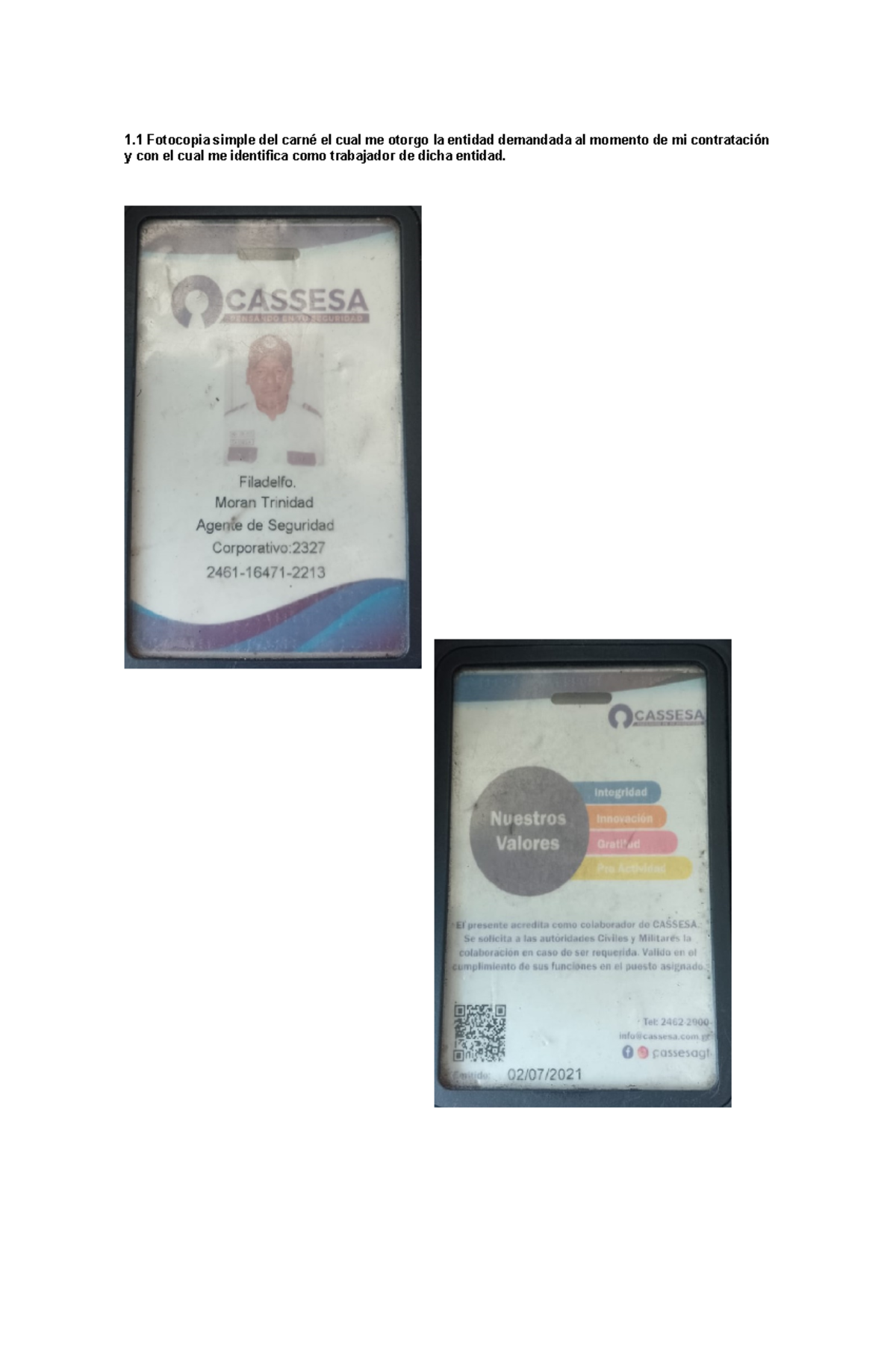 Ordinario Laboral - 1 Fotocopia simple del carné el cual me otorgo la ...