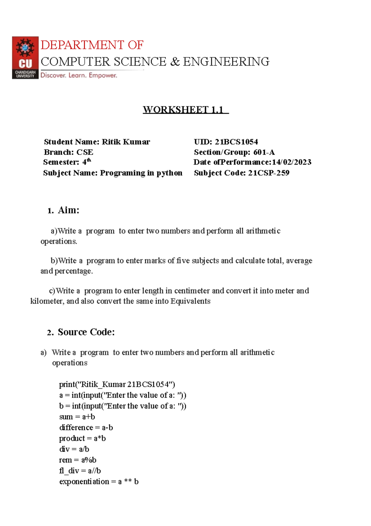Experiment 1 Worksheet - COMPUTER SCIENCE & ENGINEERING WORKSHEET 1 ...
