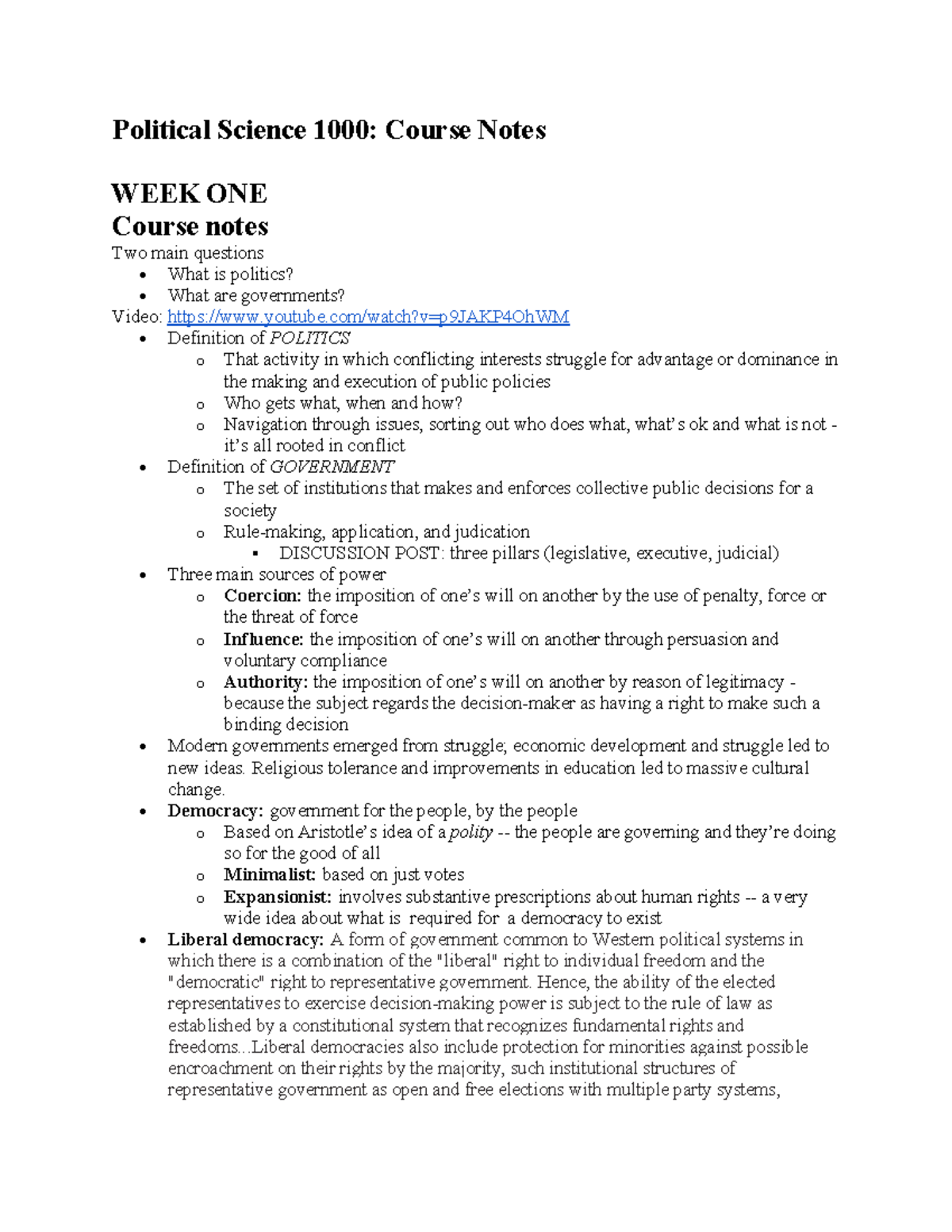POSC 1000 Course Notes - Political Science 1000 : Course Notes WEEK ONE ...